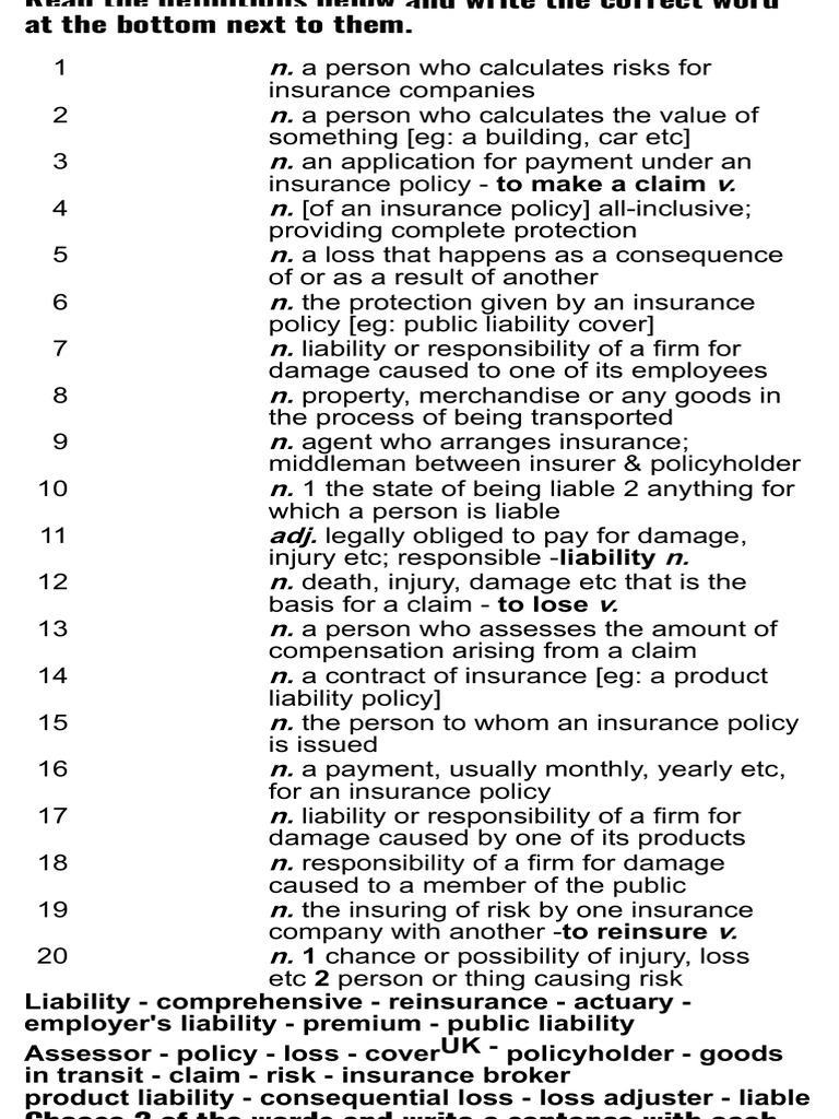 Insurance Vocabulary Level 4 | PDF