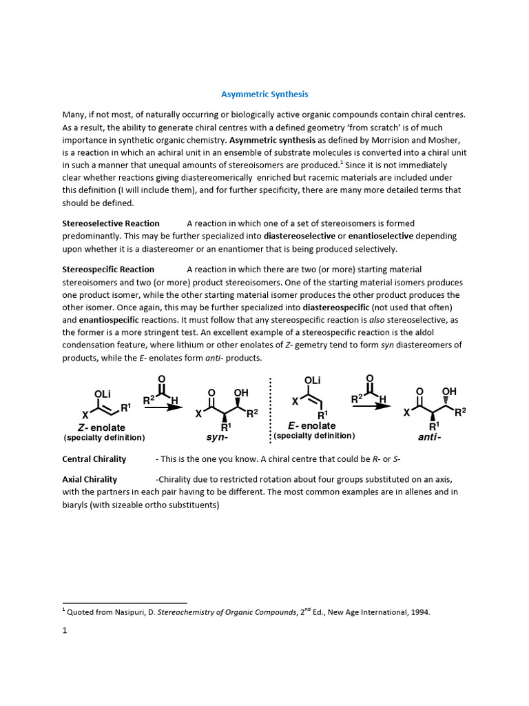 Asymmetric Synthesis - Intro and Diastereoselective Rxns | PDF | Enantioselective Synthesis ...