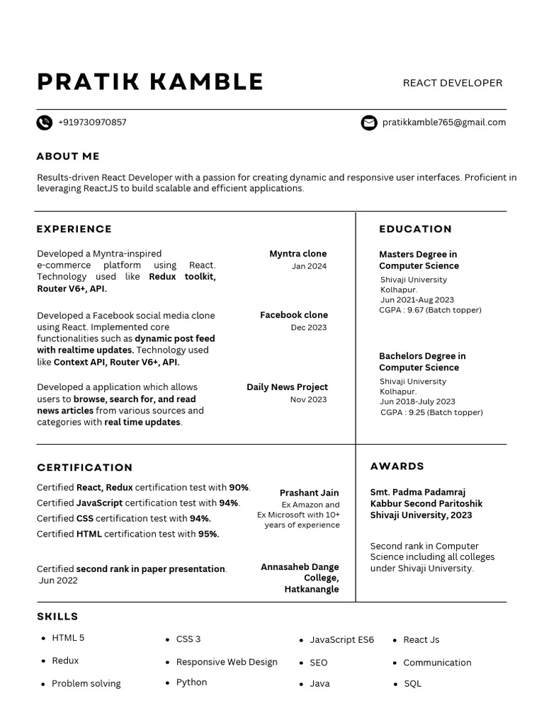 Pratik Kamble Single Page Resume | PDF | Java Script | Computer Programming