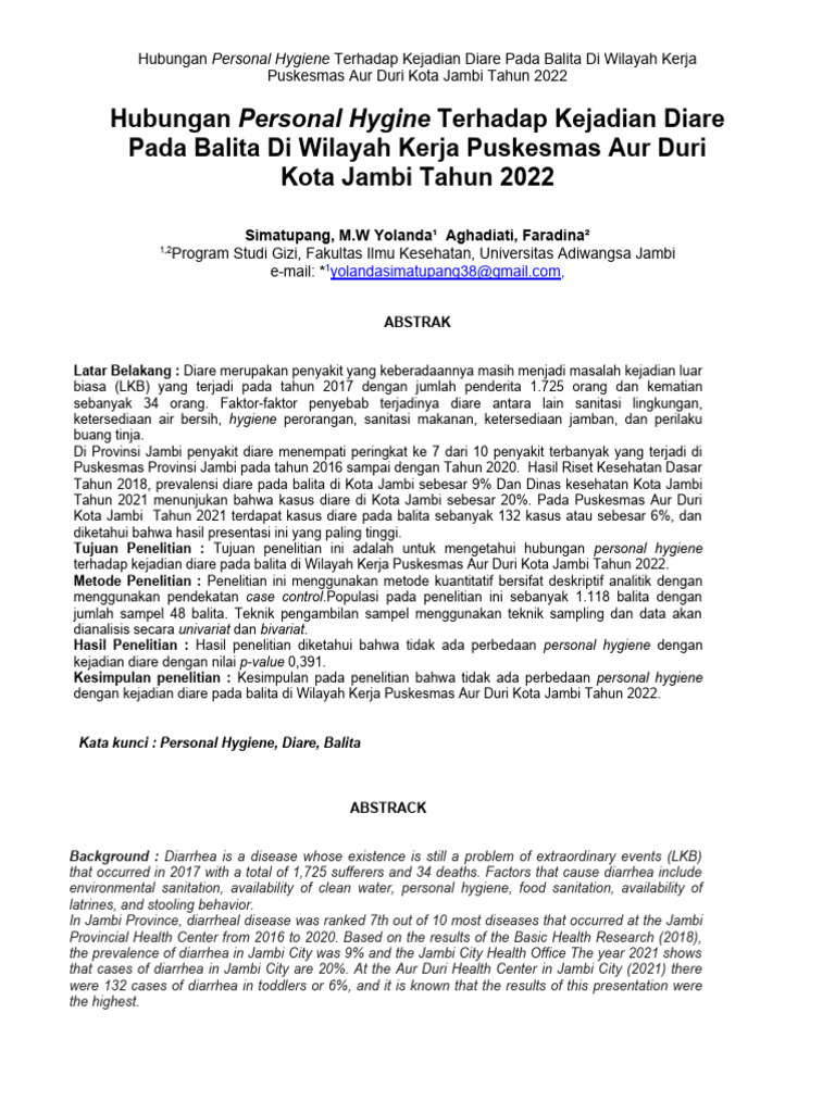 Hubungah Personal Hygiene Terhadap Kejadian Diare Pada Balita Di Wilayah Kerja Puskesmas Aur ...