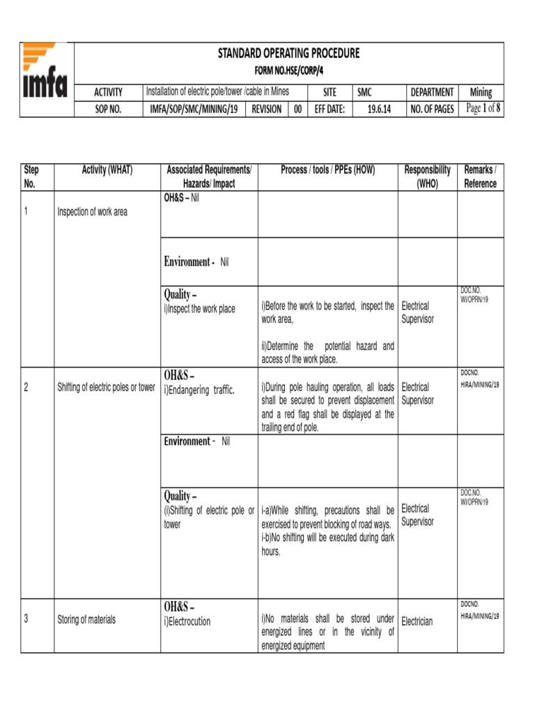 Electric Pole Installation SOP in Mines | PDF | Electrician | Personal ...