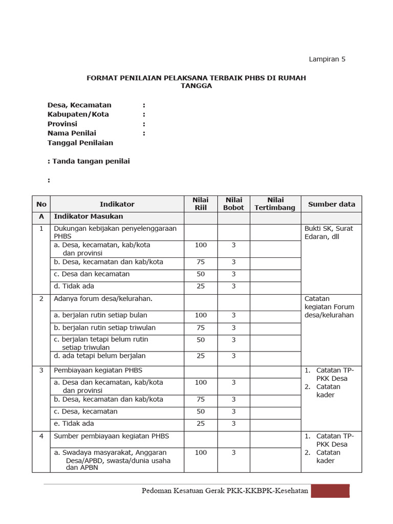 Format Penilaian PHBS PKK | PDF