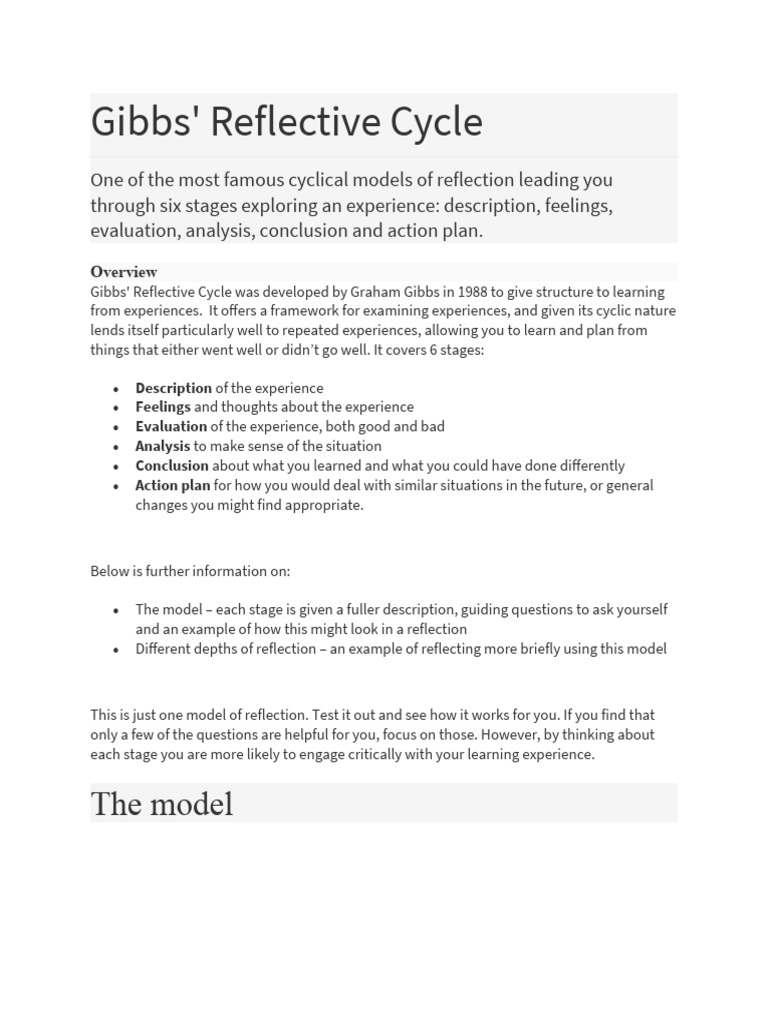 Gibbs Model of Reflective Thinking | PDF | Reflective Practice | Experience