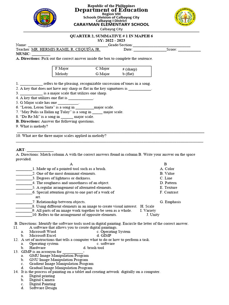 Q2 MAPEH6 1st Summative Test | PDF | Image Editing Q2 MAPEH6 1st Summative Test | PDF | Image Editing