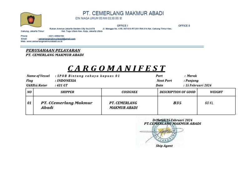 Manifest Cargo BCK | PDF
