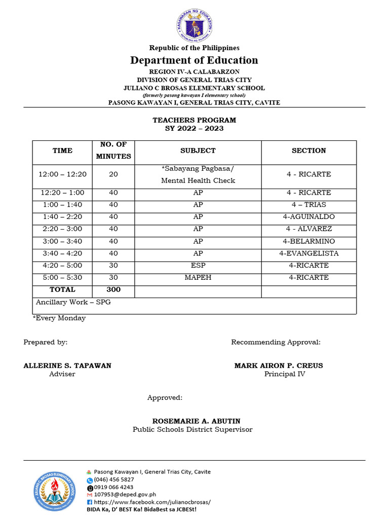 Teachers Program Schedule 2022-2023 | PDF | Philippines