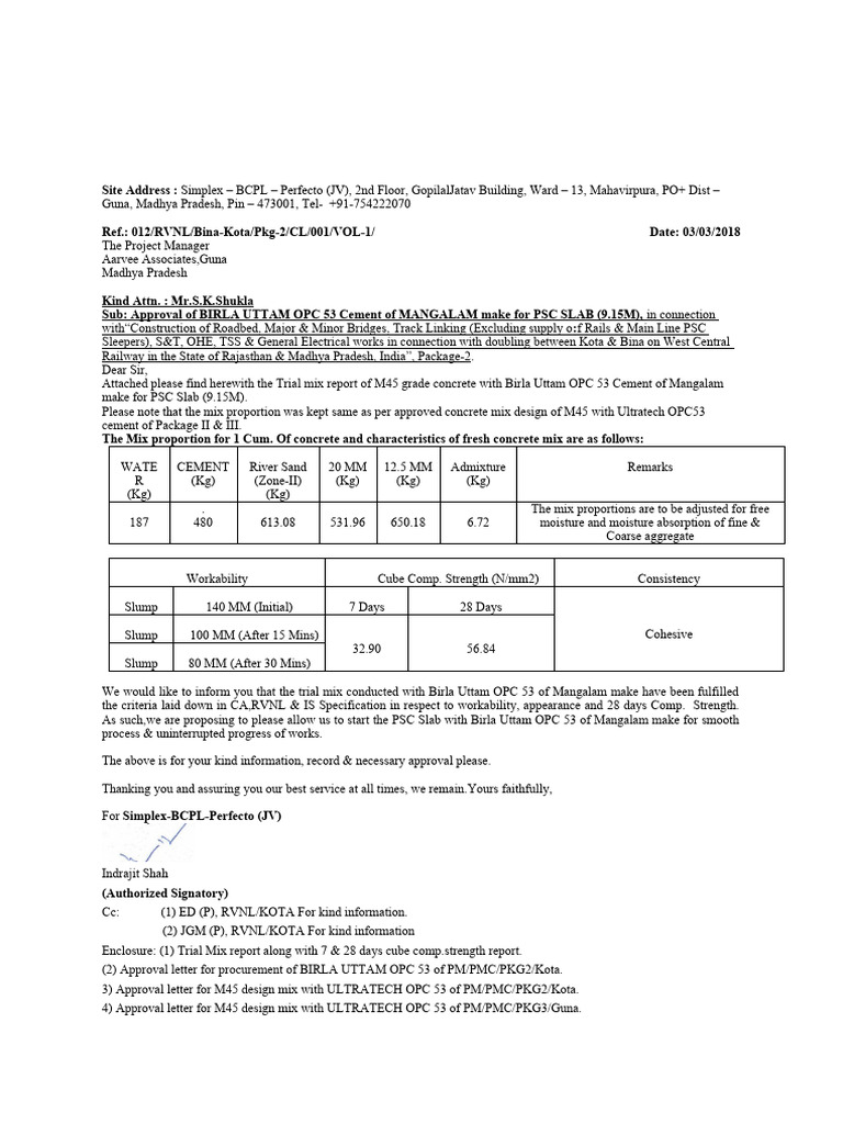 Approval of M45 Trial Mix With Birla Uttam Opc 53 For PSC Slab | PDF | Concrete | Building Materials