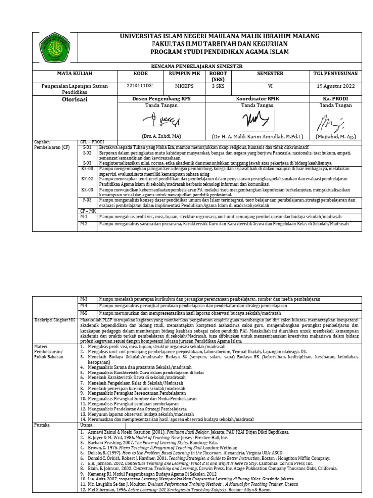MKKIPS - 2201111D30 - RPS Pengenalan Lapangan Satuan Pendidikan (PLSP) | PDF | Karier & Perkembangan