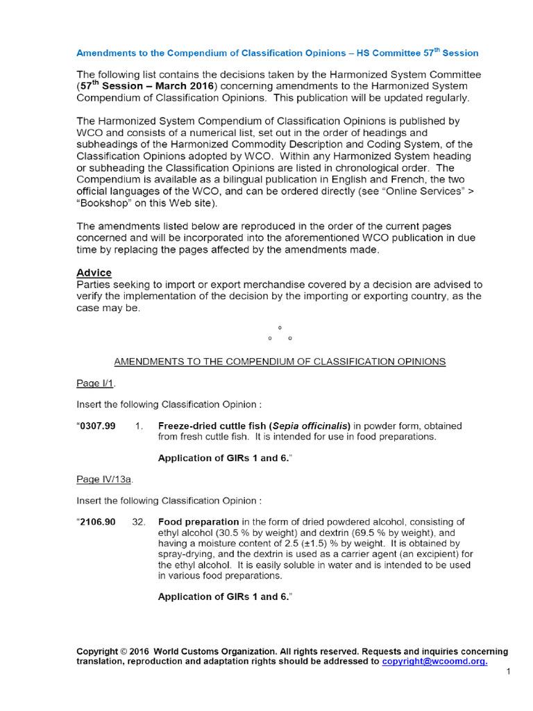 Amendments To The Compendium of Classification Opinions HS Committee 57 ...