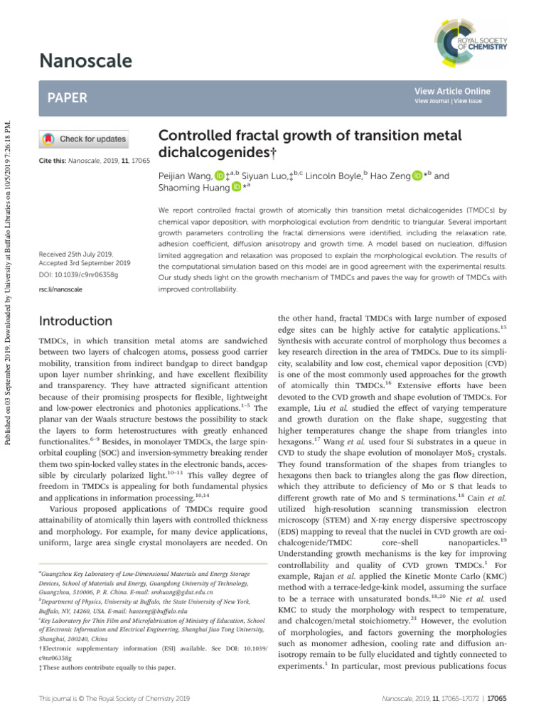 Controlled Fractal Growth of Transition Metal Dichalcogenides | PDF | Chemical Vapor Deposition ...