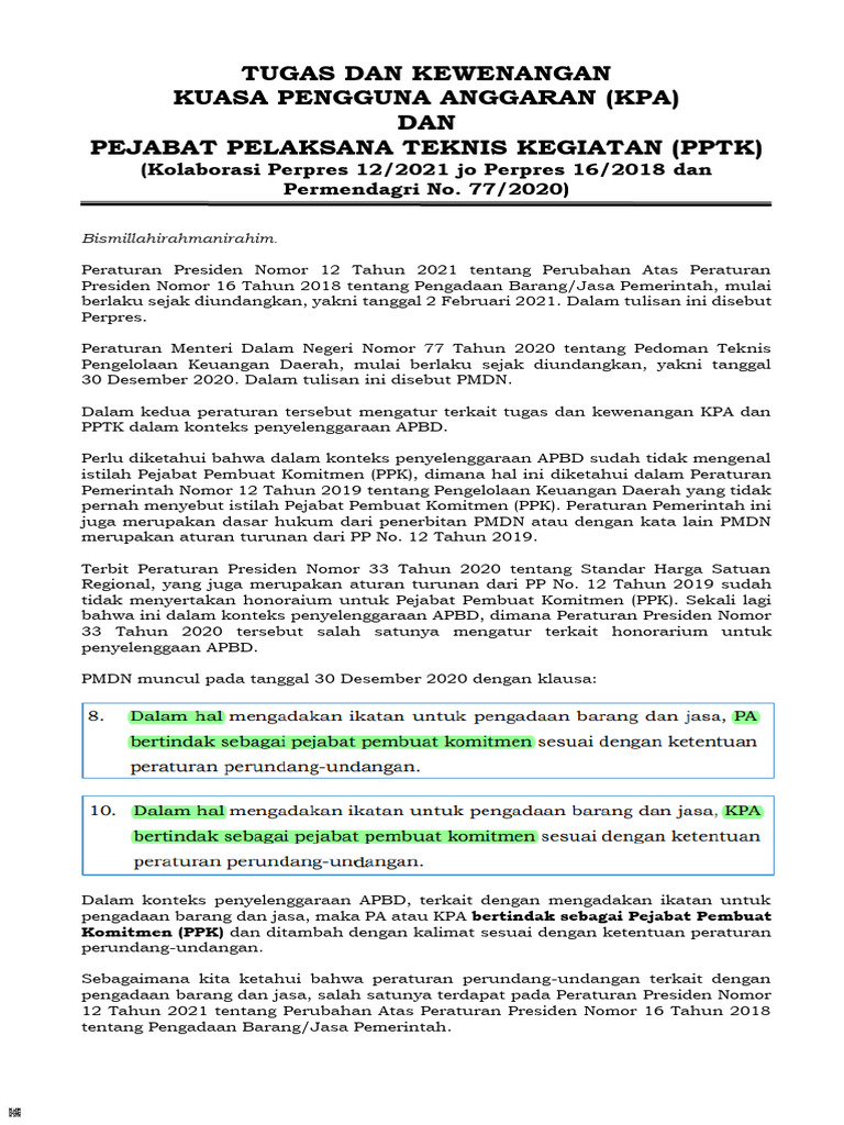 Tugas Dan Kewenangan Kpa PPTK Perpres 12 Tahun 2021 Jo Perpres 16 Tahun 2018 Permendagri No 77 ...