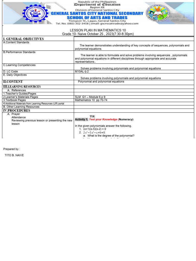 Grade 10 Polynomial Lesson Plan | PDF