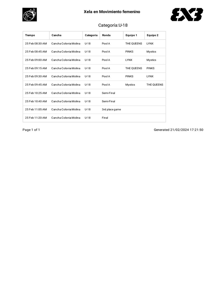 Xela en Movimiento Femenino - Schedule Report | PDF