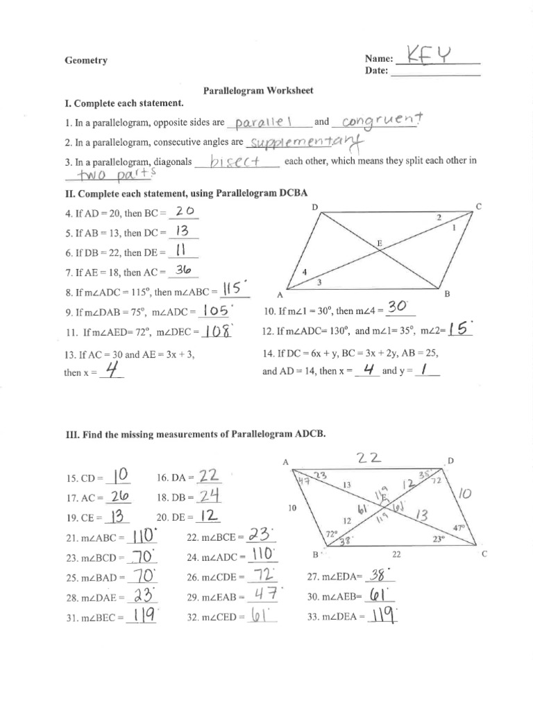 Day 2 - 5.2 Parallelogram WKS Answer Key | PDF