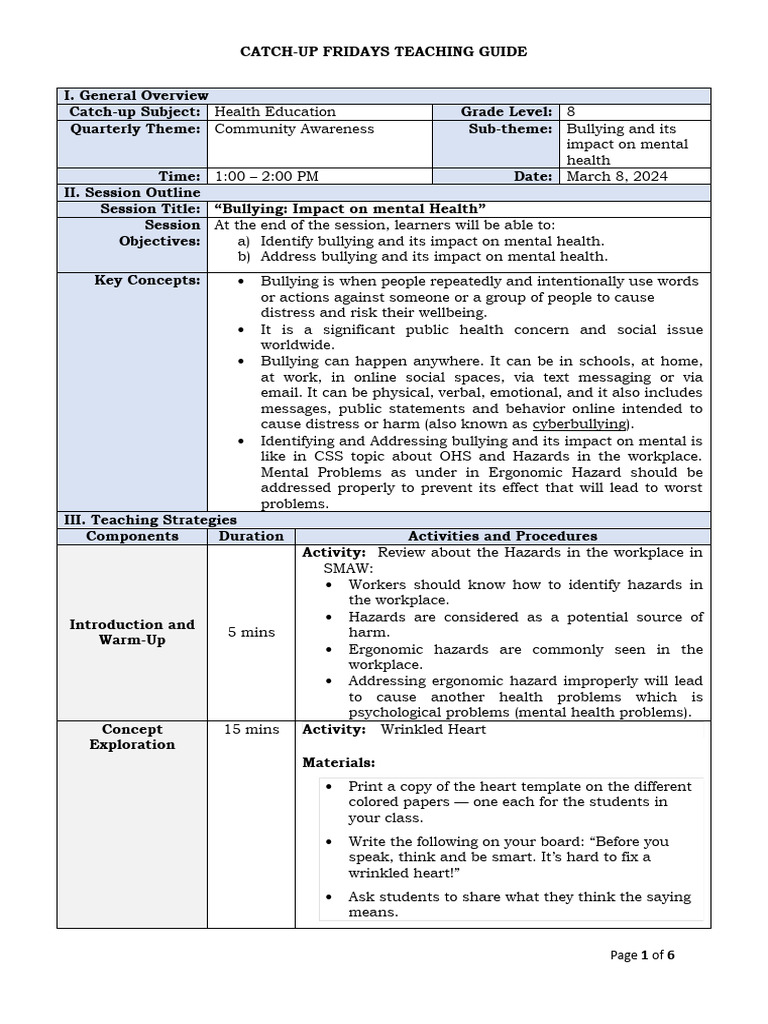 GRADE 8 Teaching Guide Catchup Bullying and Its Impact On Mental Health ...