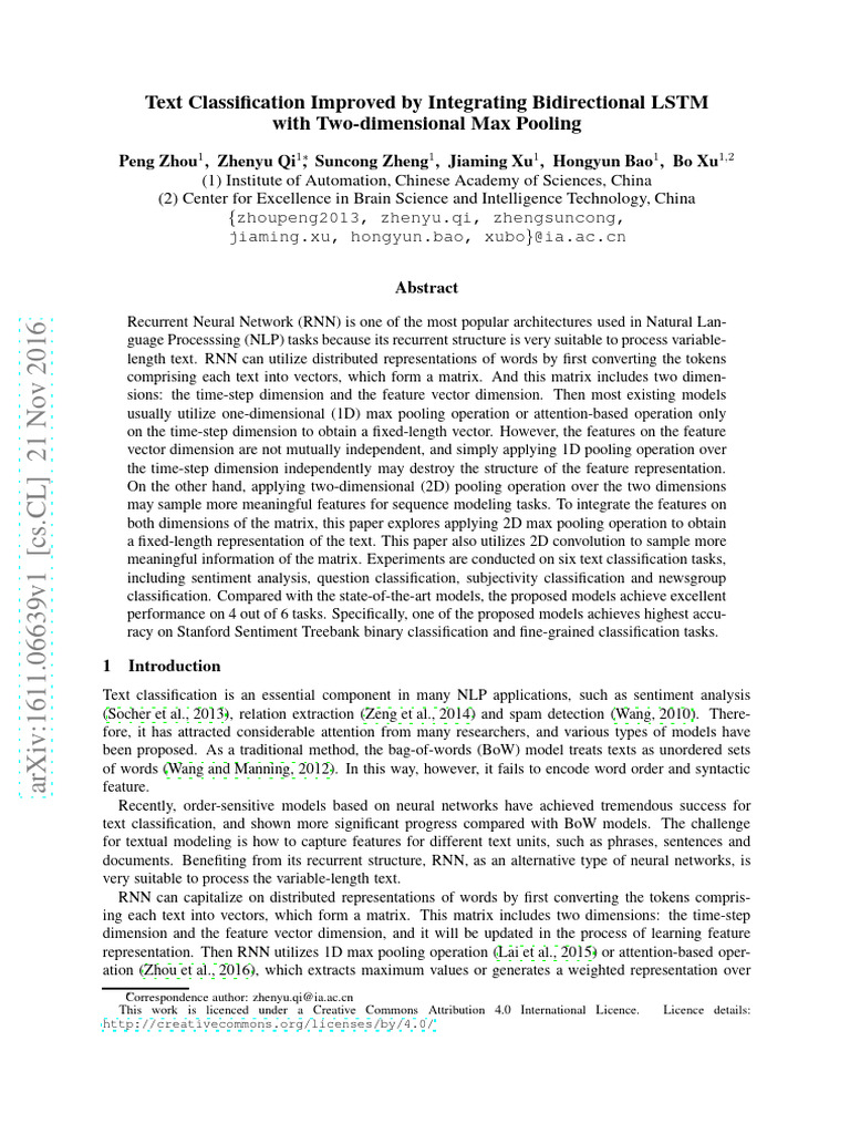 Text Classification Improved BT Integrating Bidirectional LSTM With Two-Dimensional Max Pooling ...