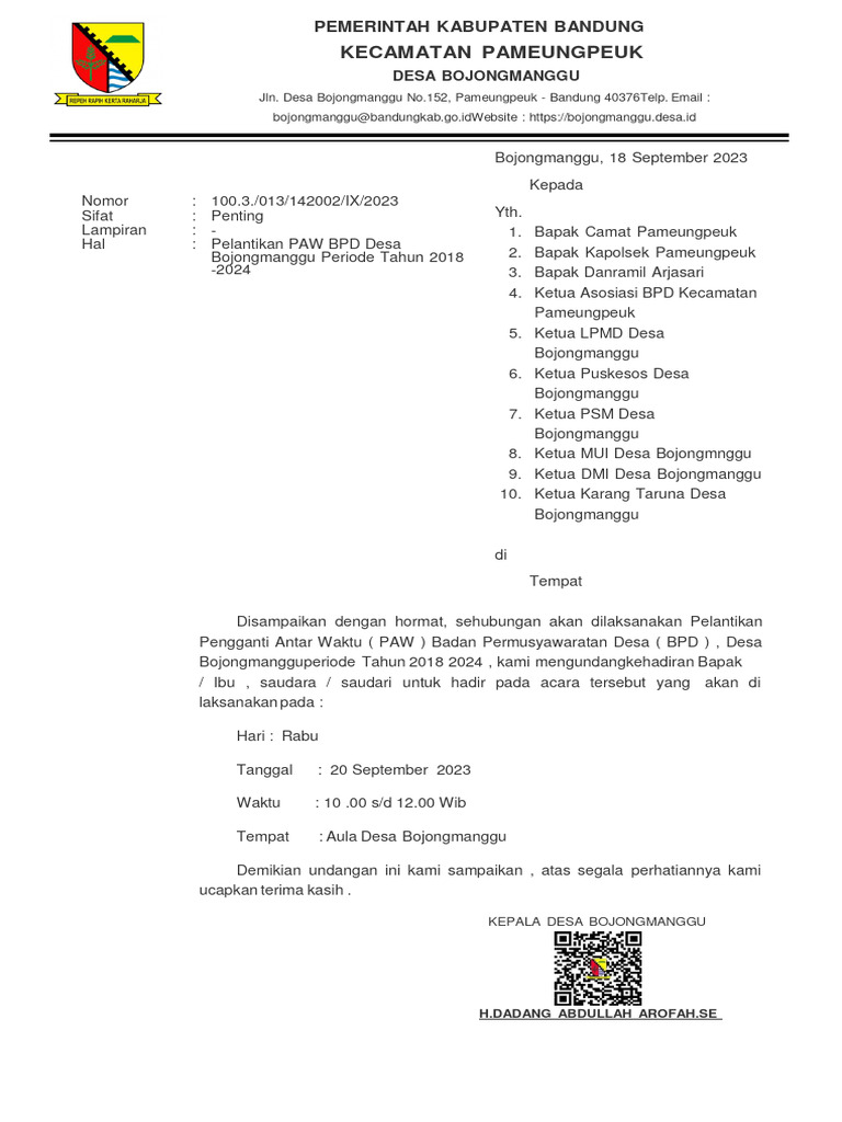 Surat Undangan Pelantikan Paw BPD | PDF