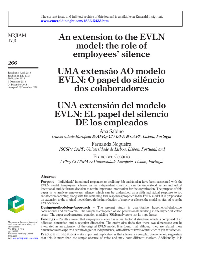 An Extension To The EVLN Model The Role of Employees' Silence | PDF ...