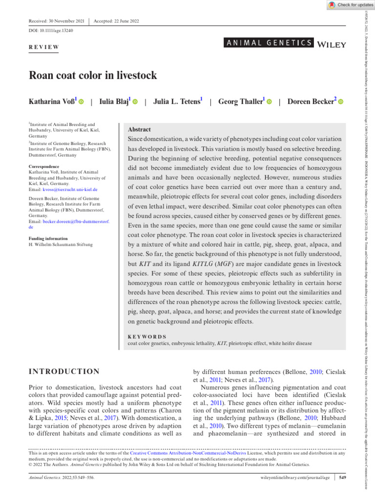 Animal Genetics - 2022 - Vo - Roan Coat Color in Livestock | PDF | Genetics