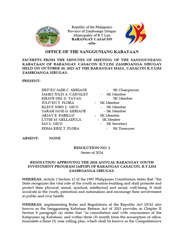 SK Resolution Approving Abyip 012326 | PDF | Philippines | Justice