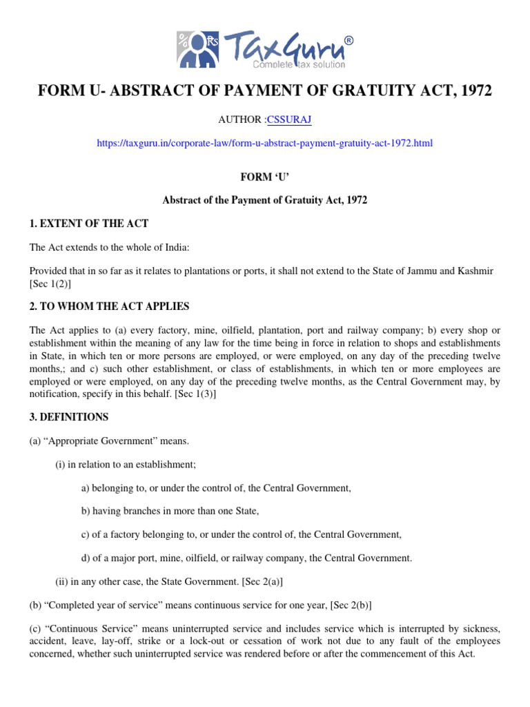 Form U - Abstract of Payment of Gratuity Act, 1972 - Taxguru - in | PDF ...