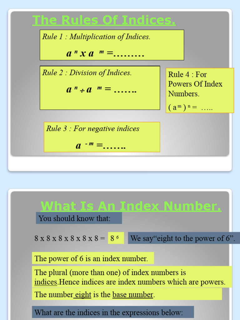 Rules of Indices PowerPoint 2 | PDF | Algebra | Mathematical Concepts