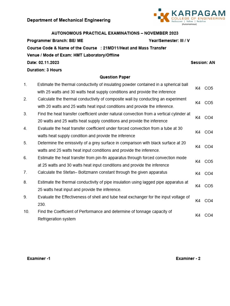 HMT Lab QP 1 | PDF | Heat | Heat Transfer