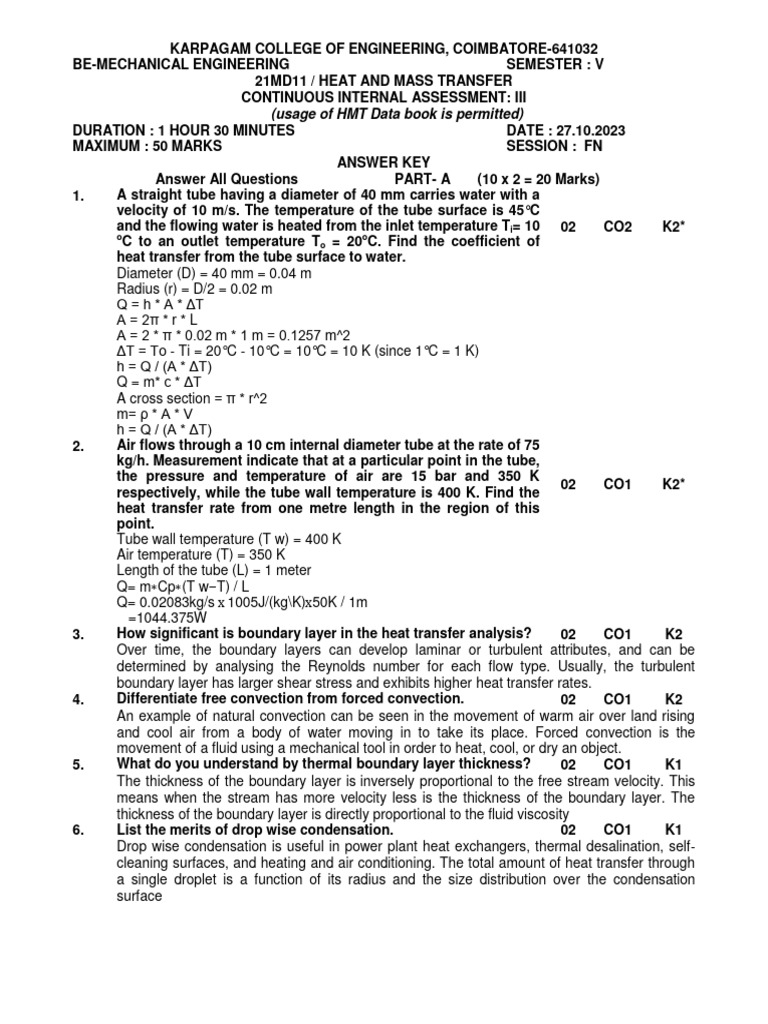 Answer Key CIA III | PDF | Boundary Layer | Heat Transfer