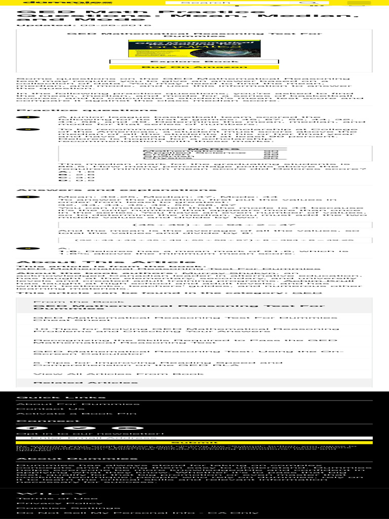 GED Math Practice Questions Mean, Median, and Mode - Dummies | PDF ...