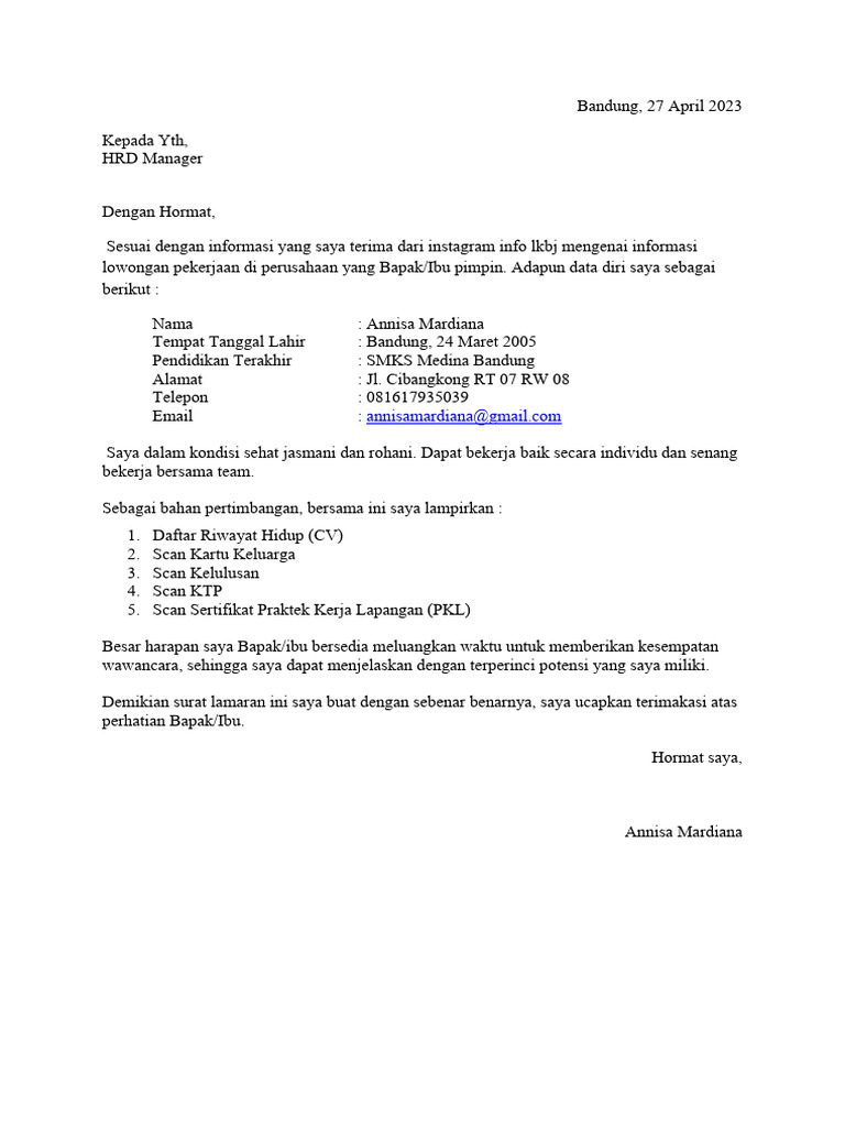 Lamaran Kerja Annisa Mardiana | PDF
