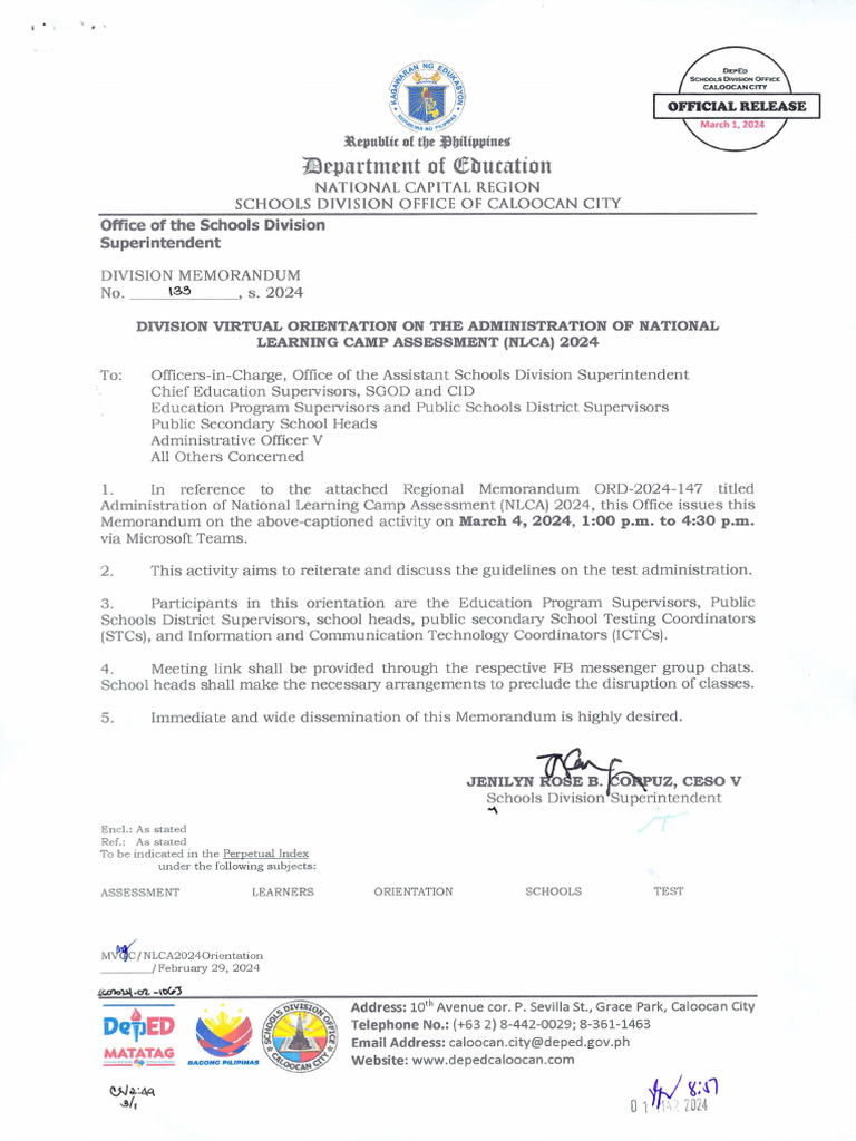 DM No. 133, s. 2024 - Division Virtual Orientation on the ...