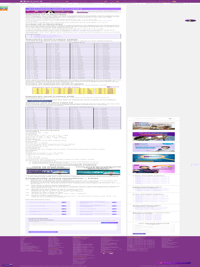 Squares and Cubes List, Chart and Table of Squares and Cubes of Numbers ...
