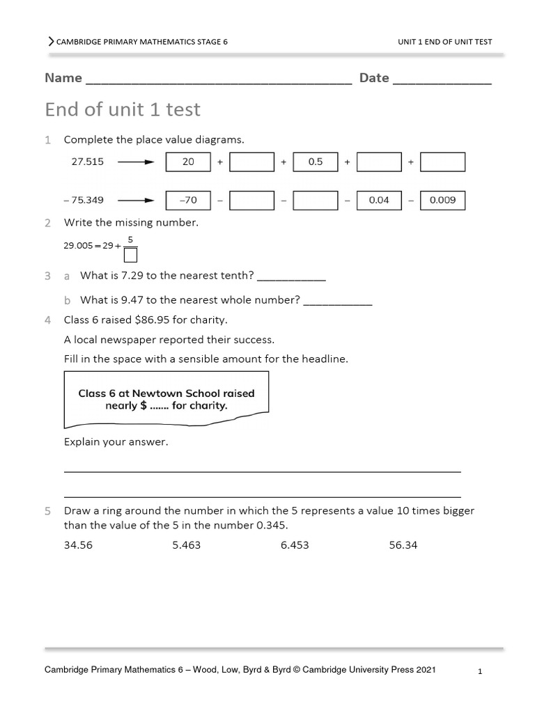 Grade 6 Cambridge Maths Unit Test | PDF