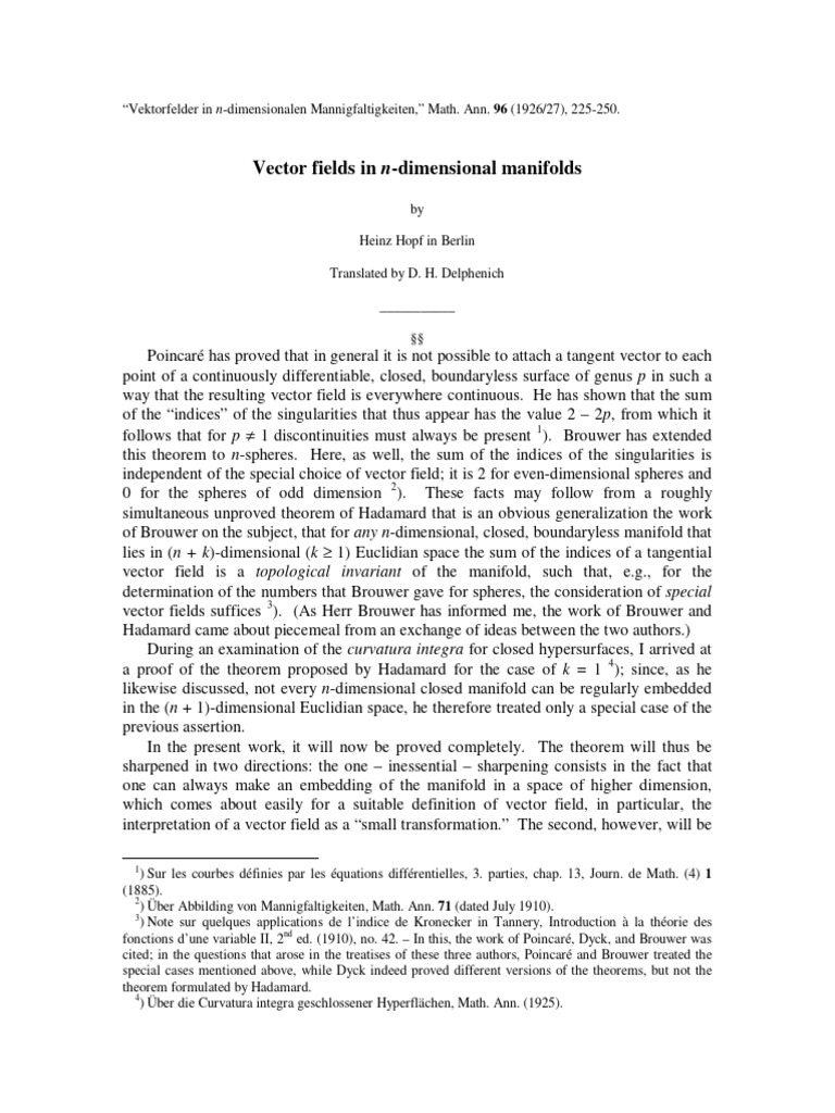 Vector Fields in N-dimensional Manifolds - Heinz Hopf | PDF