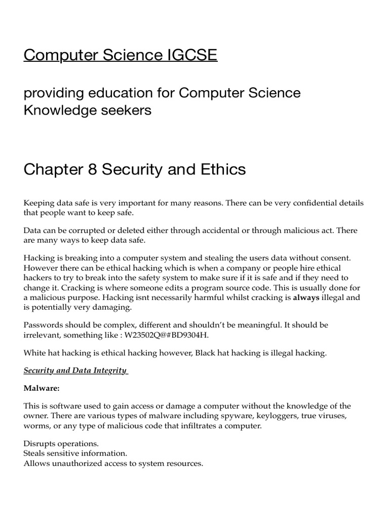 Chapter 8 Security and Ethics Computer Science Igcse | PDF | Transport ...
