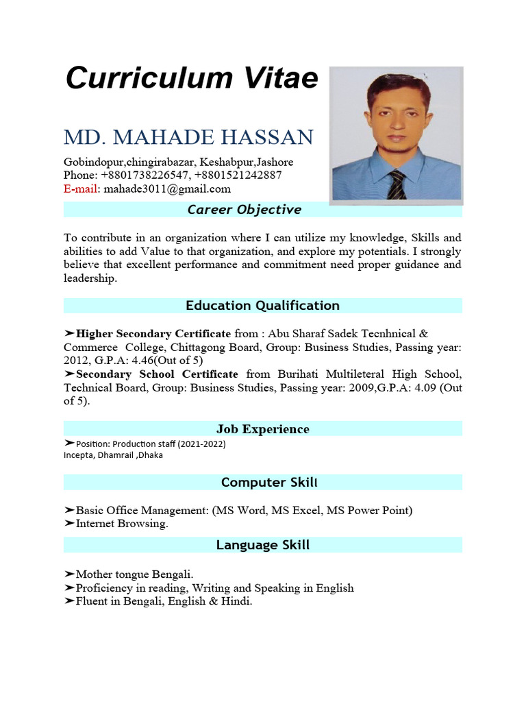 Mahade Hassan CV Complete SSC, HSC | PDF | Career & Growth