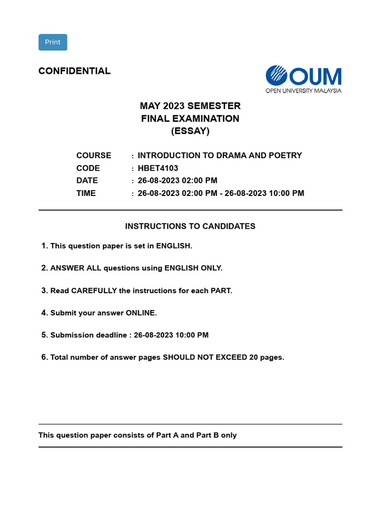 Final Exam: Drama and Poetry HBET4103 | PDF | The Importance Of Being ...