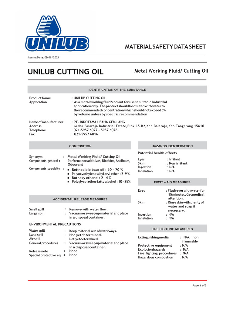 Unilub Cutting Oil MSDS Overview | PDF | Chemistry | Occupational ...