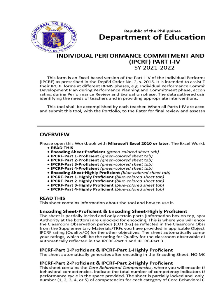 IPCRF Excel Workbook Guide for Teachers | PDF | Learning | Lesson Plan