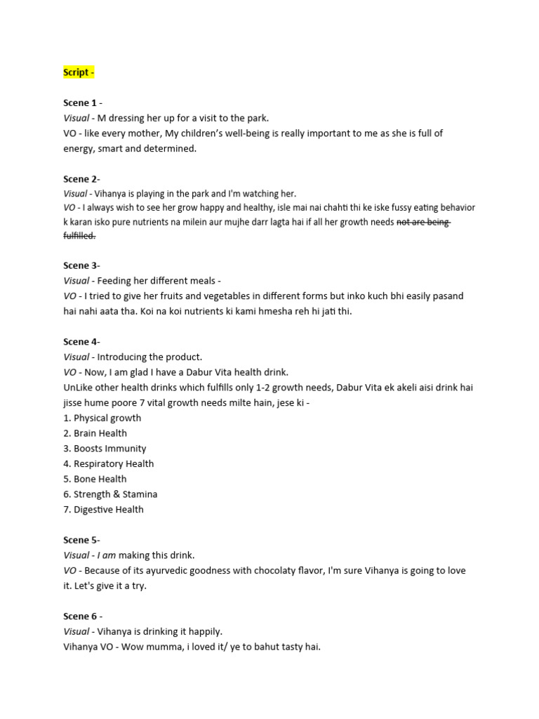 Feedback - Khushi Singla X Dabur Vita - Script | PDF