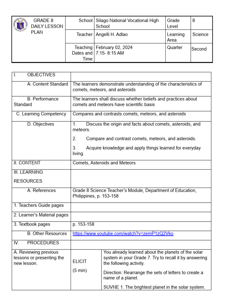 Grade 8 Lesson Plan Comets Meteors And Asteroids Pdf Meteorite