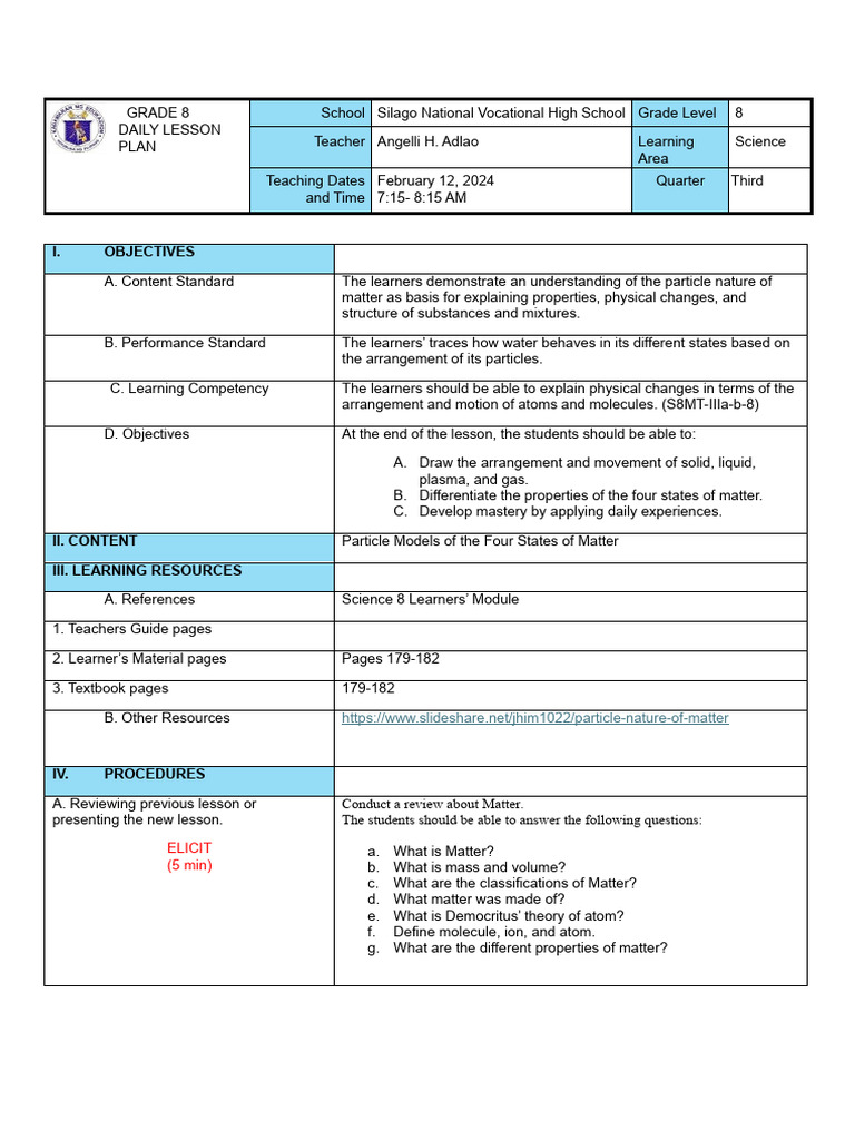 GRADE 8, LESSON PLAN 3 - Four States of Matter | PDF | Gases | Plasma ...