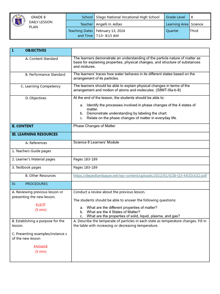 GRADE 8, LESSON PLAN 4 - Phases of Matter | PDF | Phase (Matter) | Matter