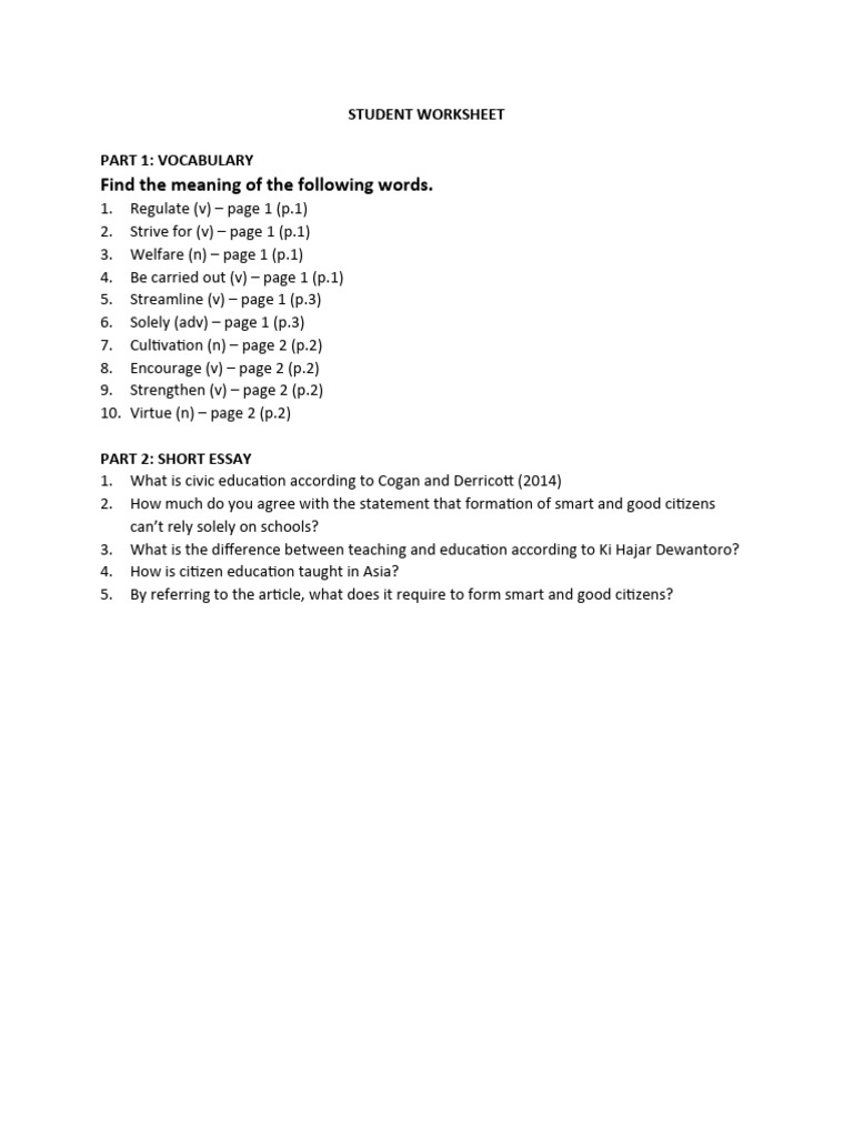 Vocabulary and Civic Education Worksheet | PDF | Career & Growth ...