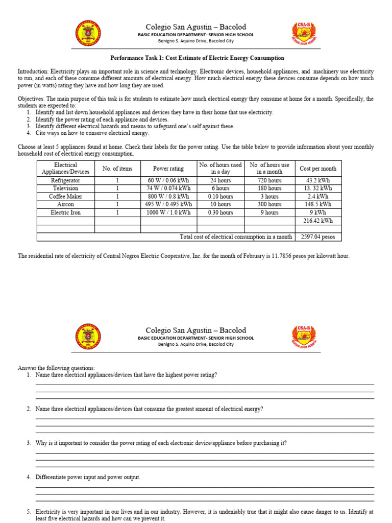 Performance Task 1 Cost Estimate of Electrical Energy Consumptiom | PDF ...