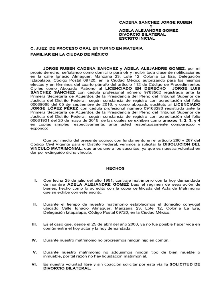 Solicitud de Divorcio Bilateral Jorge Ruben | Descargar gratis PDF ...