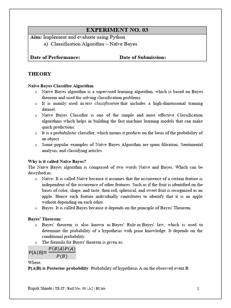Exp 3 Bi 30 | PDF | Statistical Classification | Machine Learning