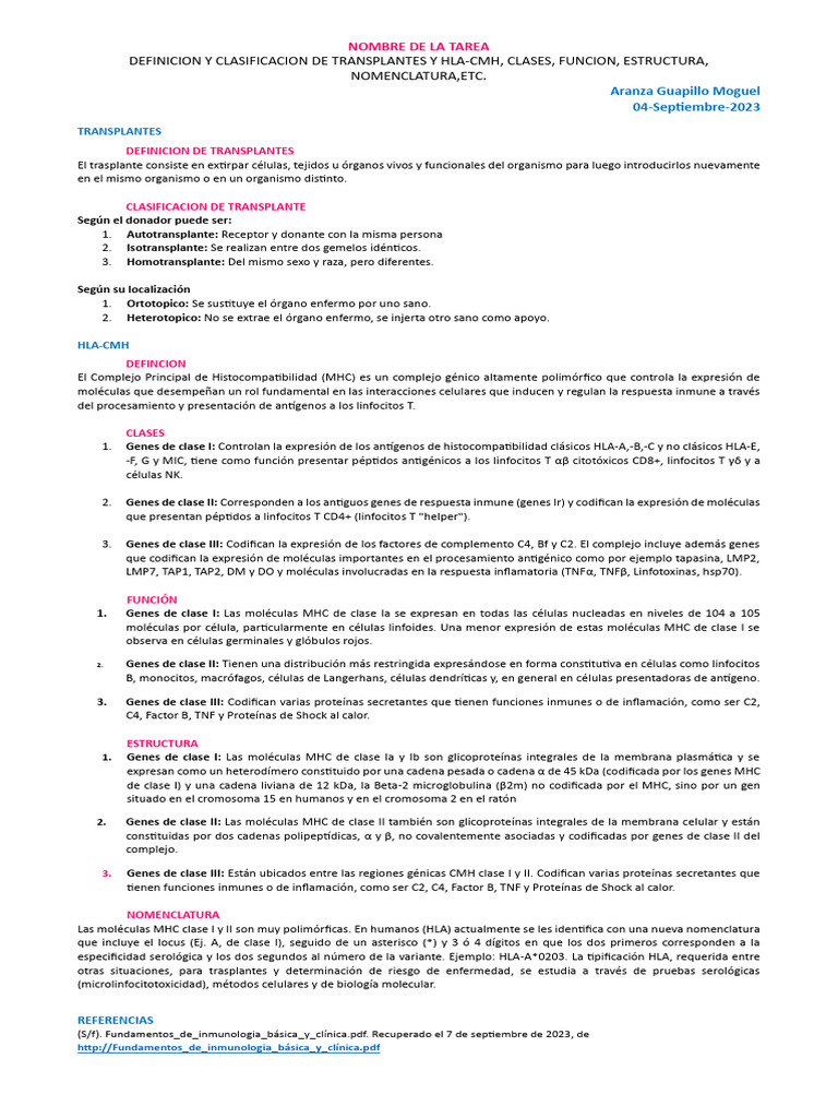 Tarea 2 Trasplantes Cmh-Hla | PDF | Complejo mayor de ...