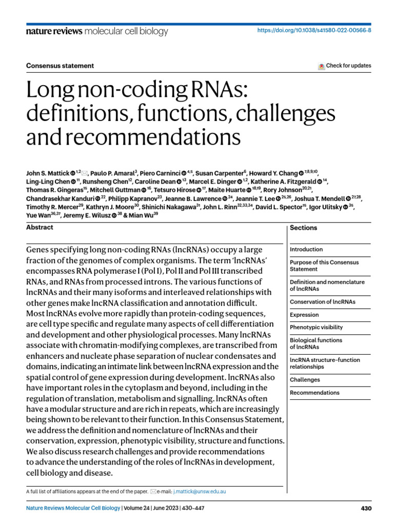 Long Non-Coding Rnas: Definitions, Functions, Challenges and ...