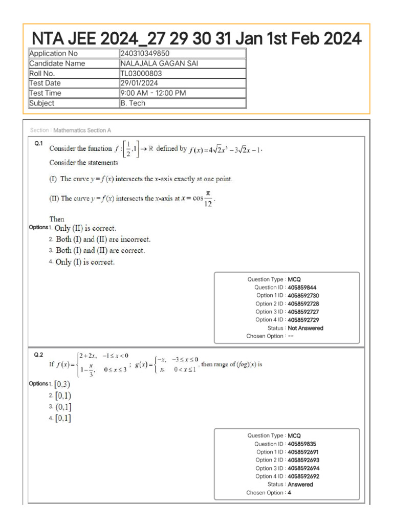 NTA JEE 2024 Candidate Test Details | PDF | Multiple Choice | Evaluation